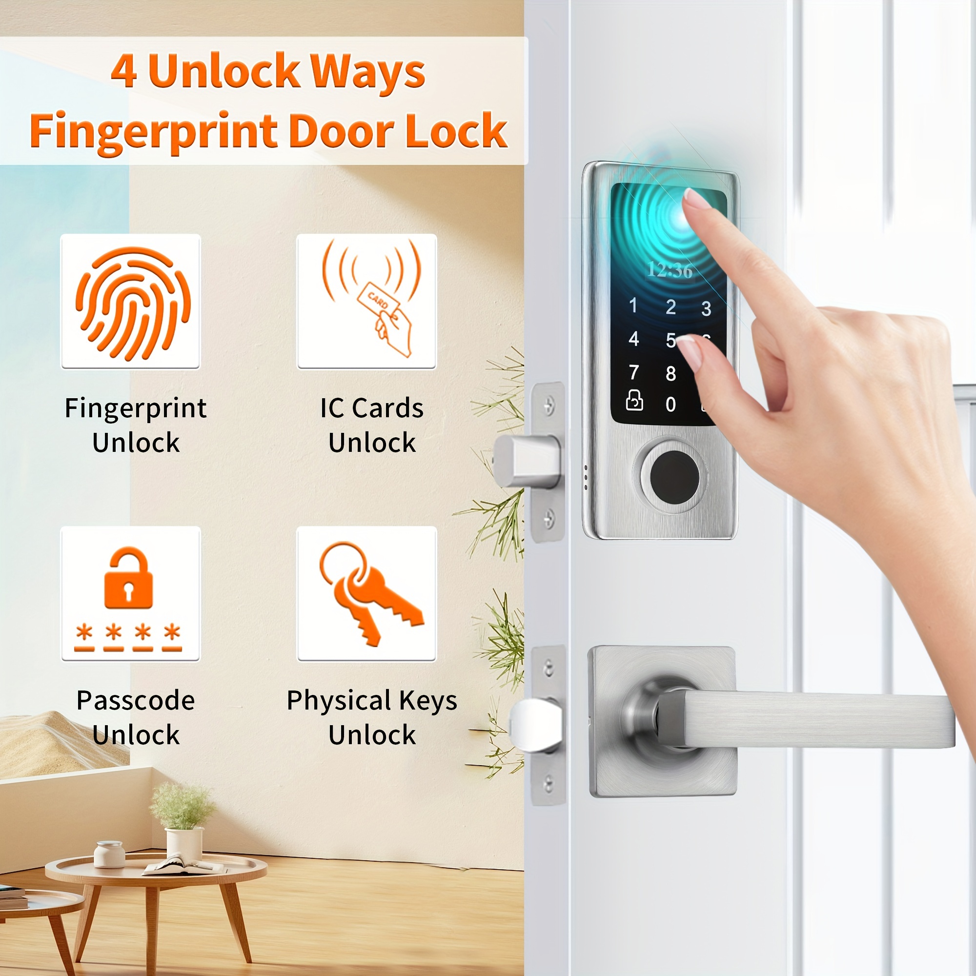 Satin Nickel Fingerprint Door Lock 2 Level Handles Smart - Temu