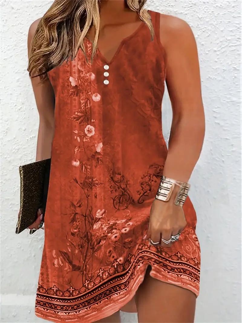 Floral Print Tank Dress Plus Size Casual Notch Neck Temu Australia