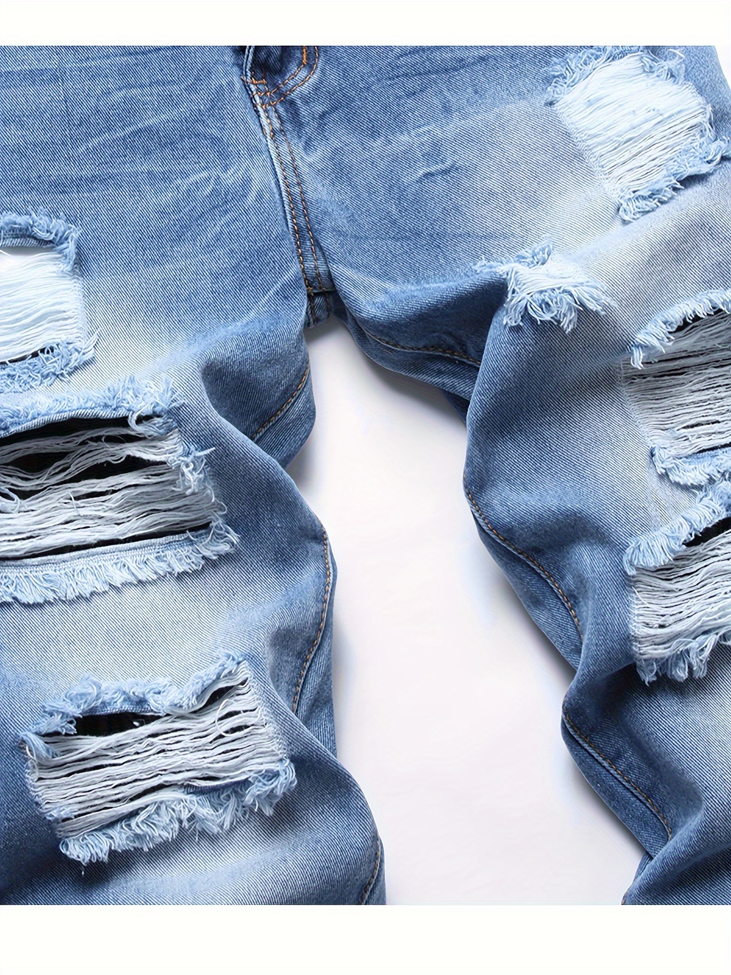 Ripped Jeans Men Regular Fit Tapered Leg Denim Distressed - Temu