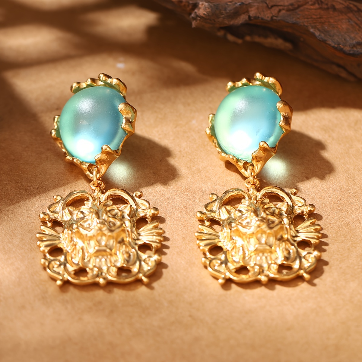 빈티지 보헤미안 18k 금도금 드롭 And 댕글 귀걸이 라운드 글라스 카보숑 및 플로럴 합금 디자인 여성용 925 스털링 실버 귀침 우아한 패션 주얼리 데일리 및 파티