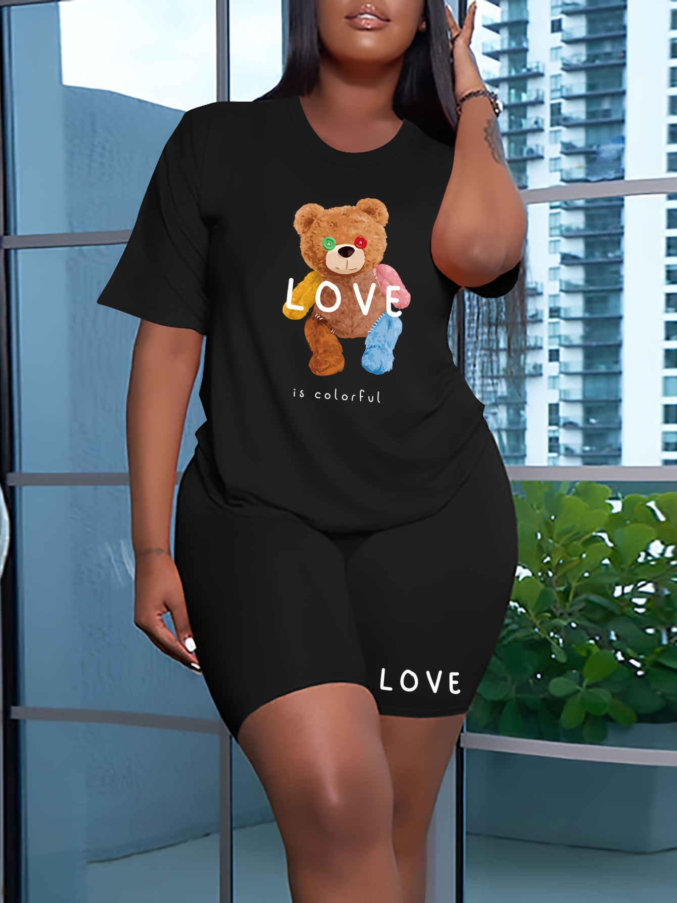 Plus Size Bear Print Two piece Set Crew Neck Short Sleeve - Temu Ireland