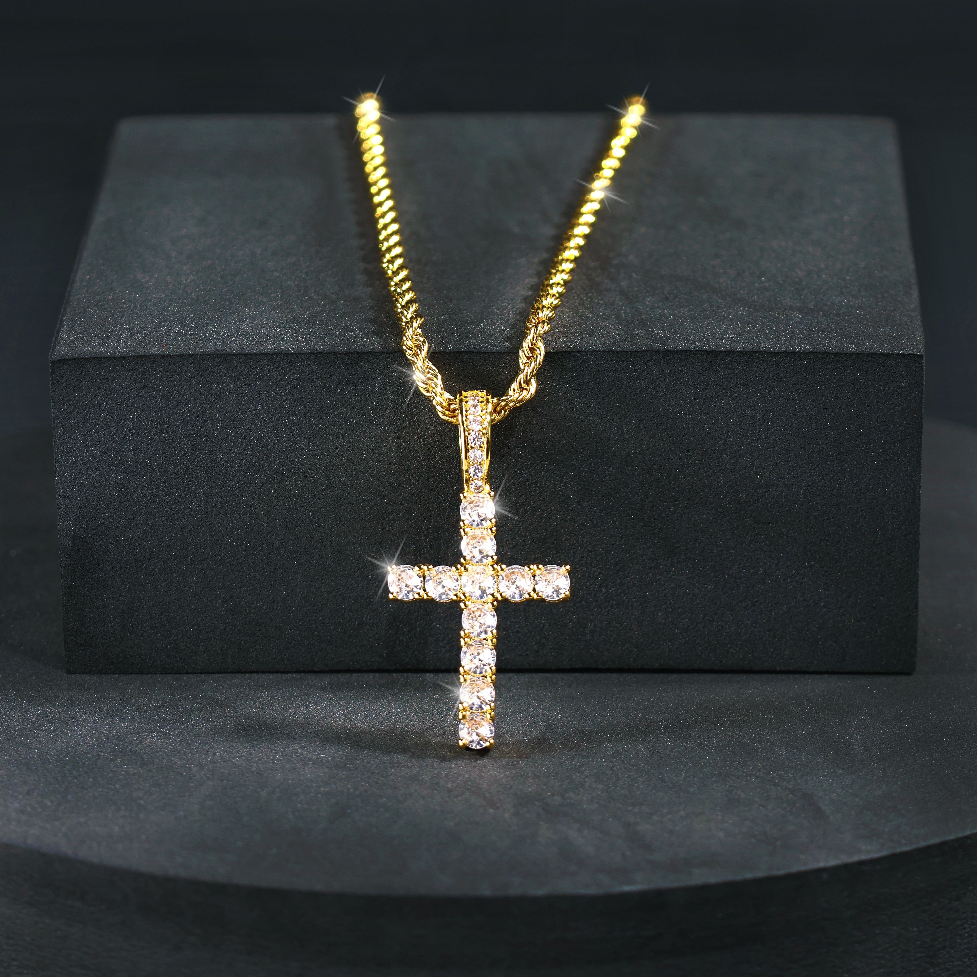 Men's Fashion Full Cubic Zircon Small Cross Pendant Necklace - Temu ...