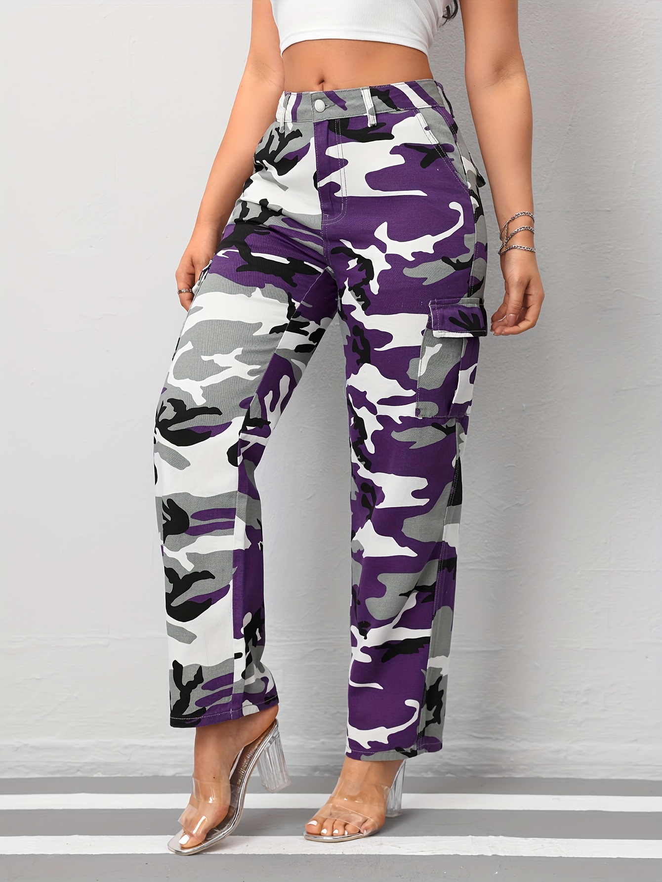 Color Block Camo Print Cargo Jeans Side Flap Pocket Loose - Temu