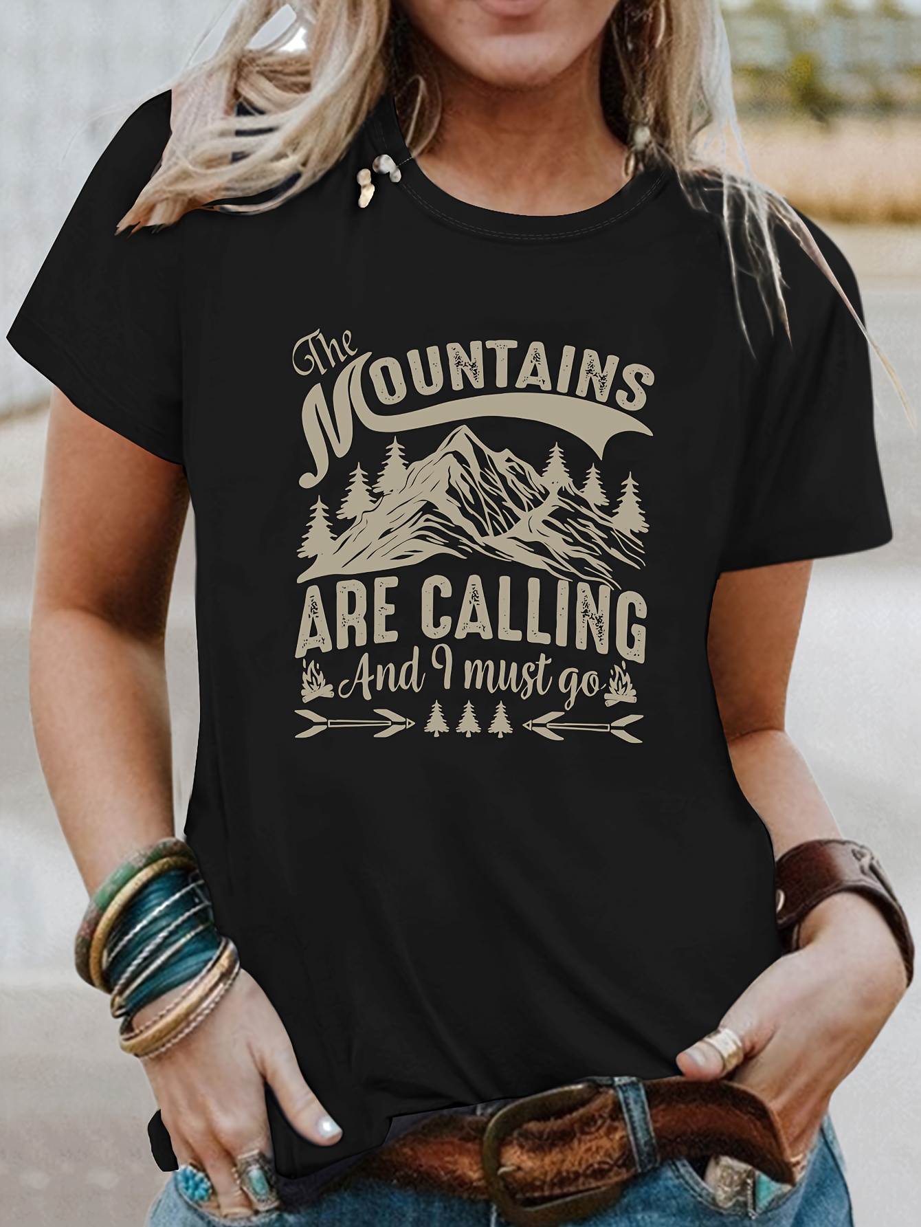 Mountain Letter Print T shirt Short Sleeve Crew Neck Casual - Temu Canada