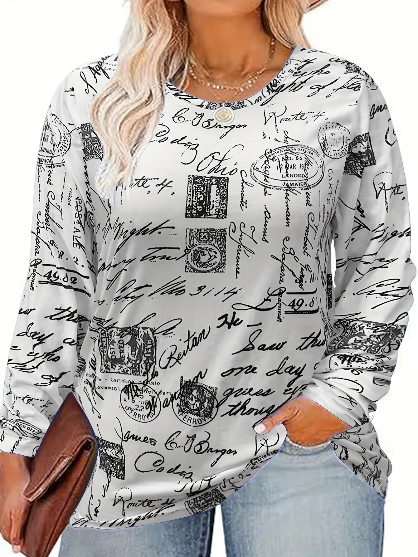 plus size letter print t shirt casual crew neck long sleeve - Temu Canada