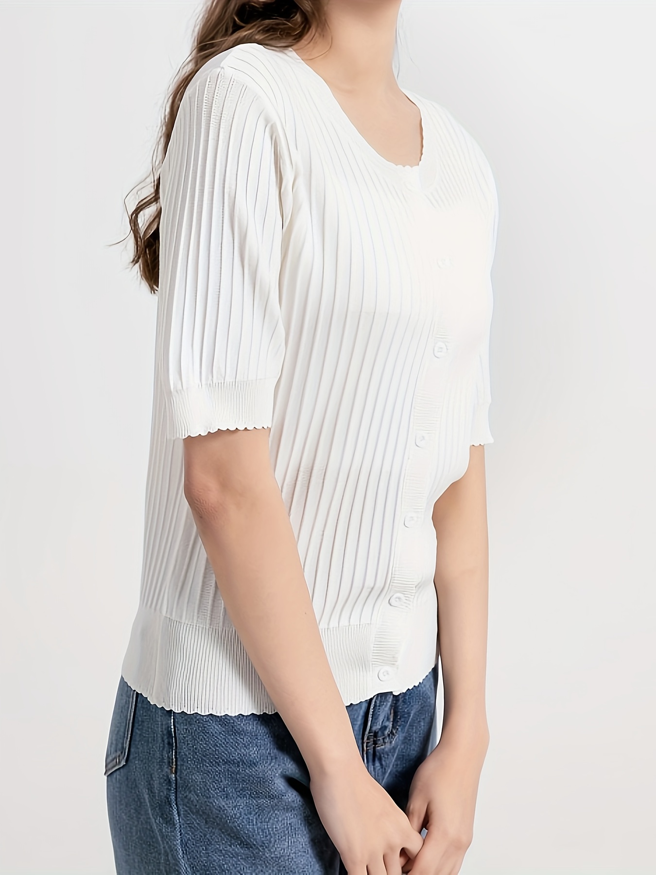 solid button front knit cardigan casual short sleeve ribbed - Temu Canada