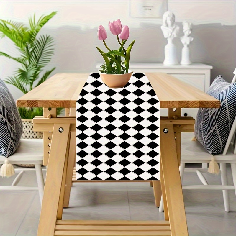 linen table runner black white checkered pattern abstract - Temu New ...