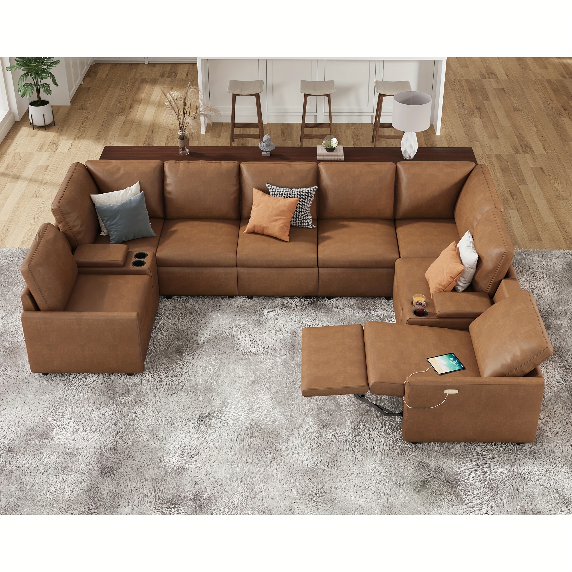 Leather Couch L Shaped U Shaped Couch Set Reclining Sectional Sofa With Console Dual Recliner Leather Modular Couch With Cup Holder Charging Port For Living Room