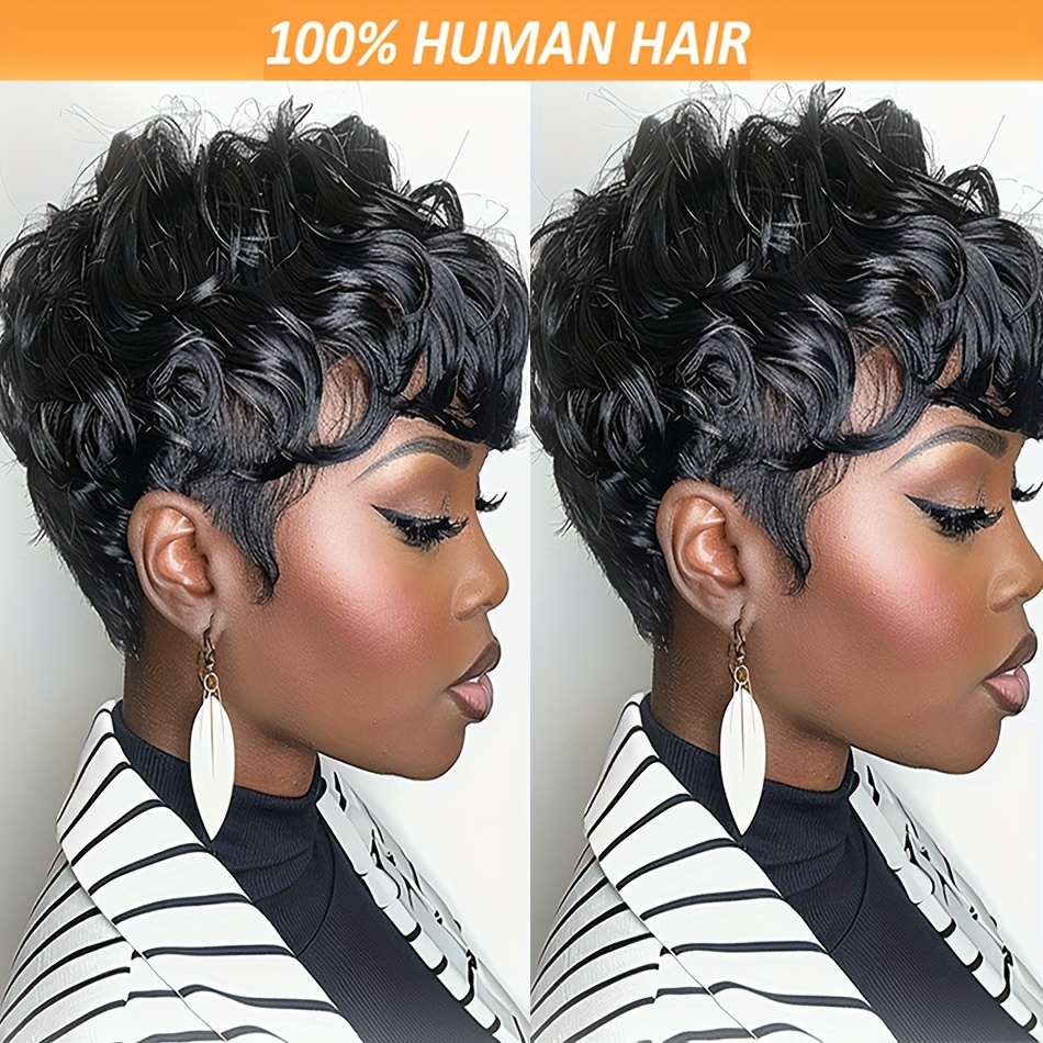 Elegant 100% Human Hair Pixie Cut Wig Loose Curly Waves - Temu
