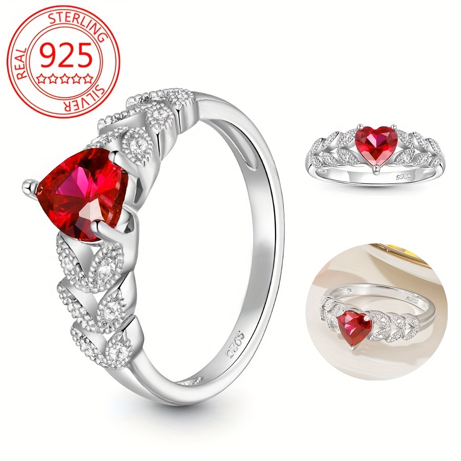925 Sterling Silver Inlaid Red Heart Zircon Ladies Ring - Temu United ...