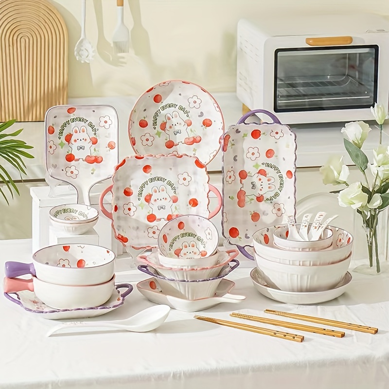 Modern Ceramic Dinnerware Set Cute Bunny Cherry Pattern - Temu