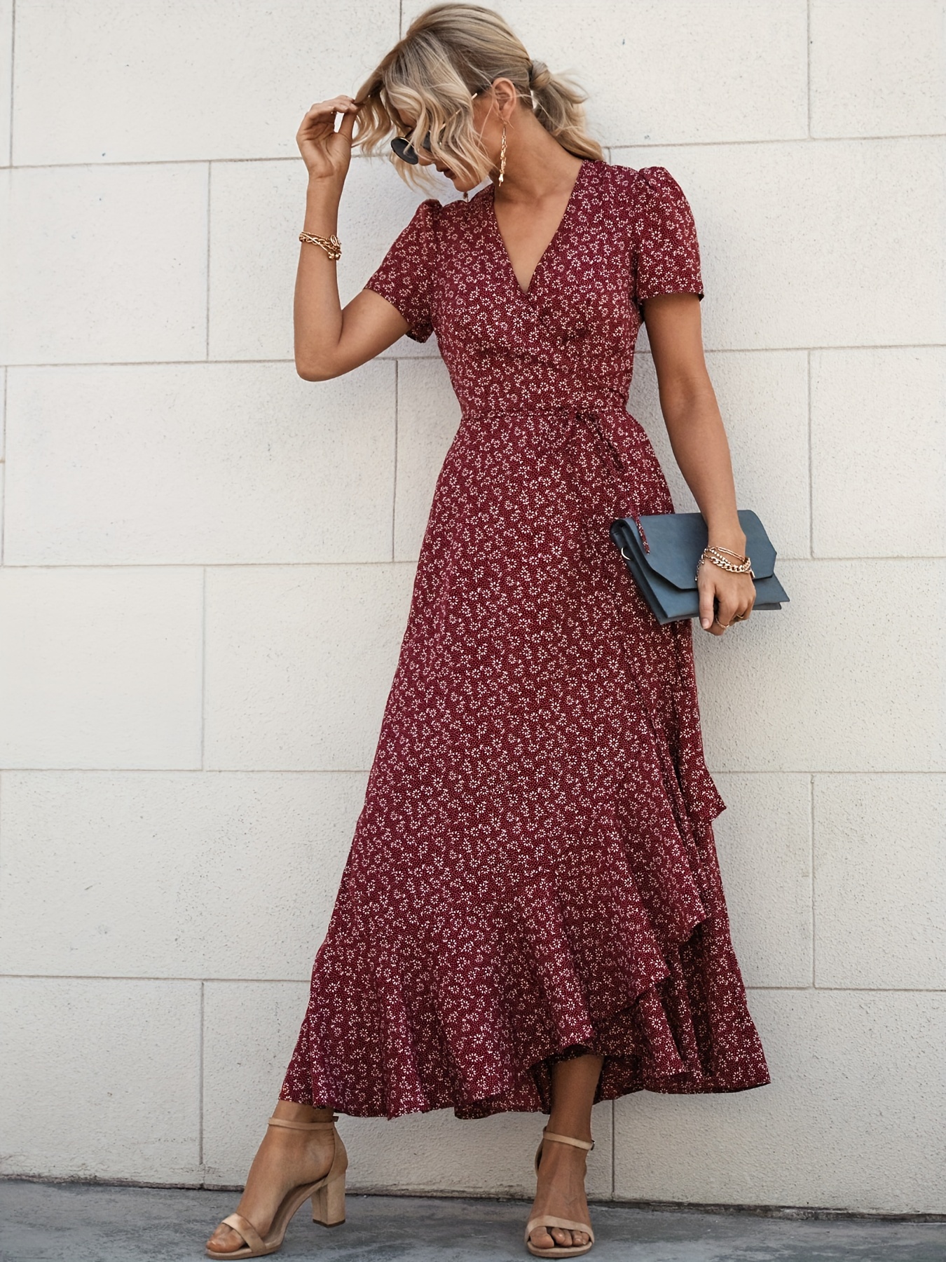 women s summer wrap maxi dress casual boho floral v neck Temu