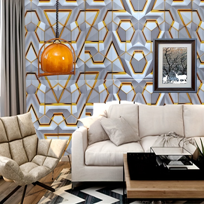 Elegant Gray Golden Geometric 3D Wallpaper Roll Stick Waterproof Vinyl with Brushed Metallic Removable Self for
