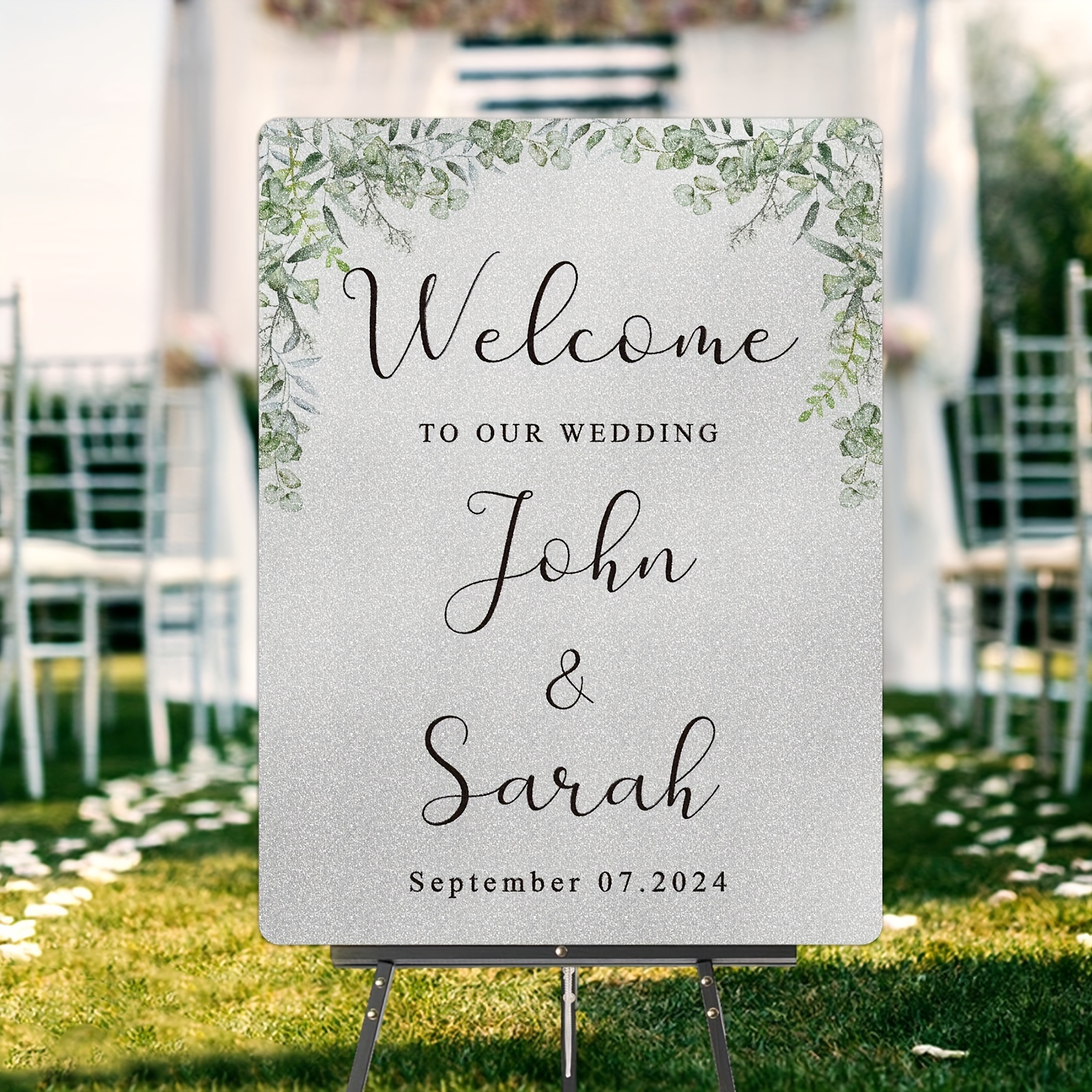 Customizable Wedding Welcome Sign Minimalist Green Leaves - Temu