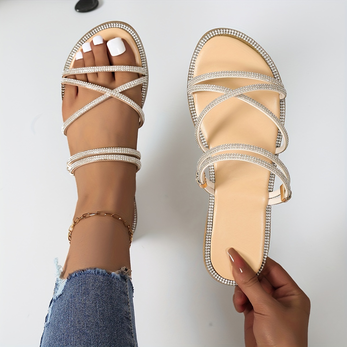 Womens Rhinestone Flat Slides Crisscross Band Open Toe - Temu United ...