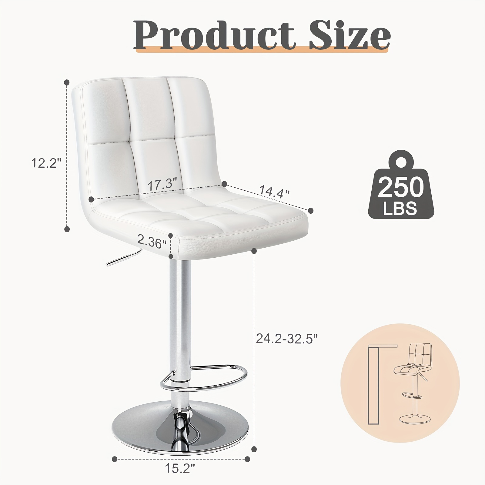 Set Of 2 Bar Stools: Luxurious Pu Leather, Swivel & Adjustable, Armless ...