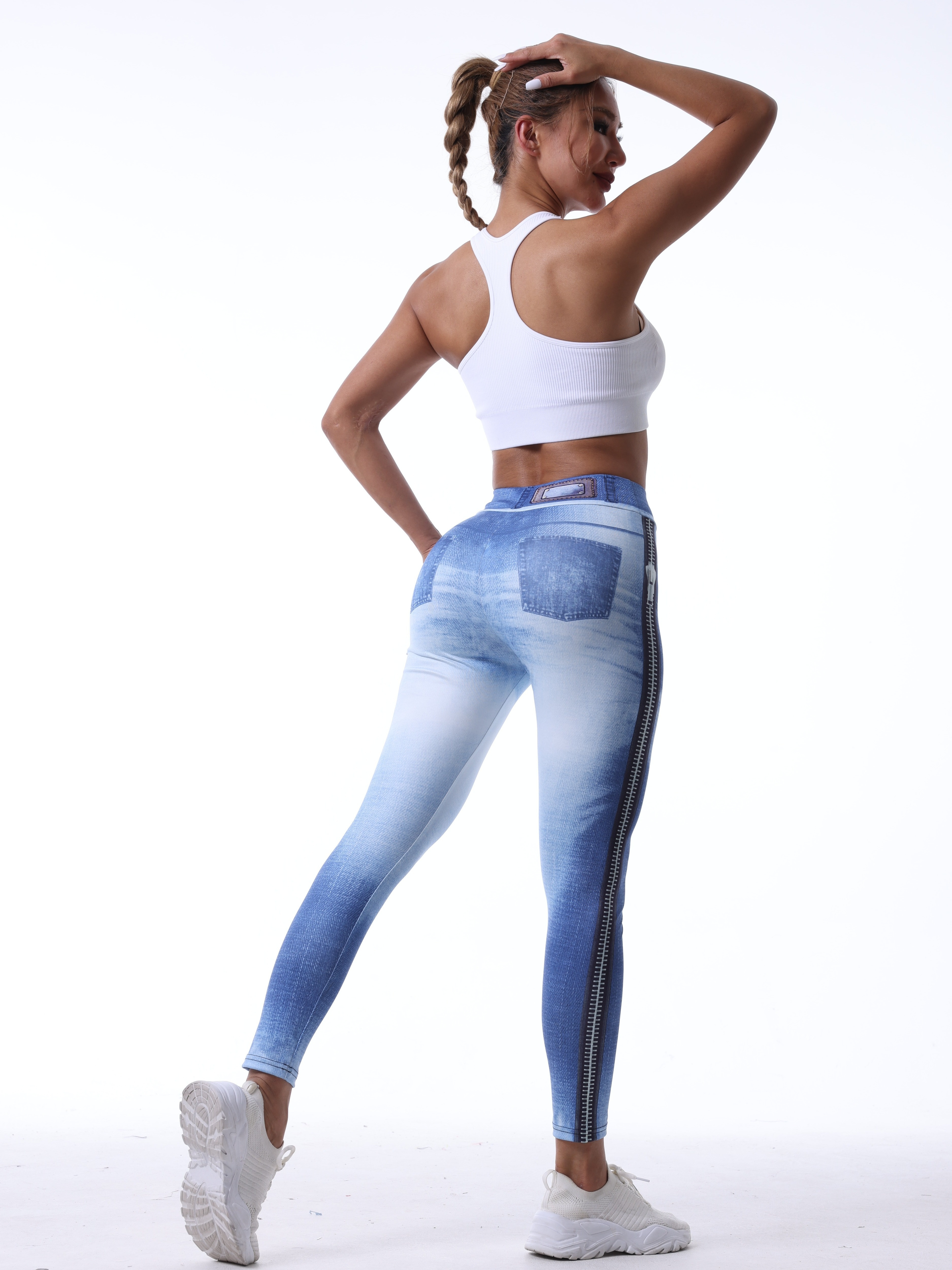 denim print slimming yoga leggings slim fit high waist - Temu South Africa