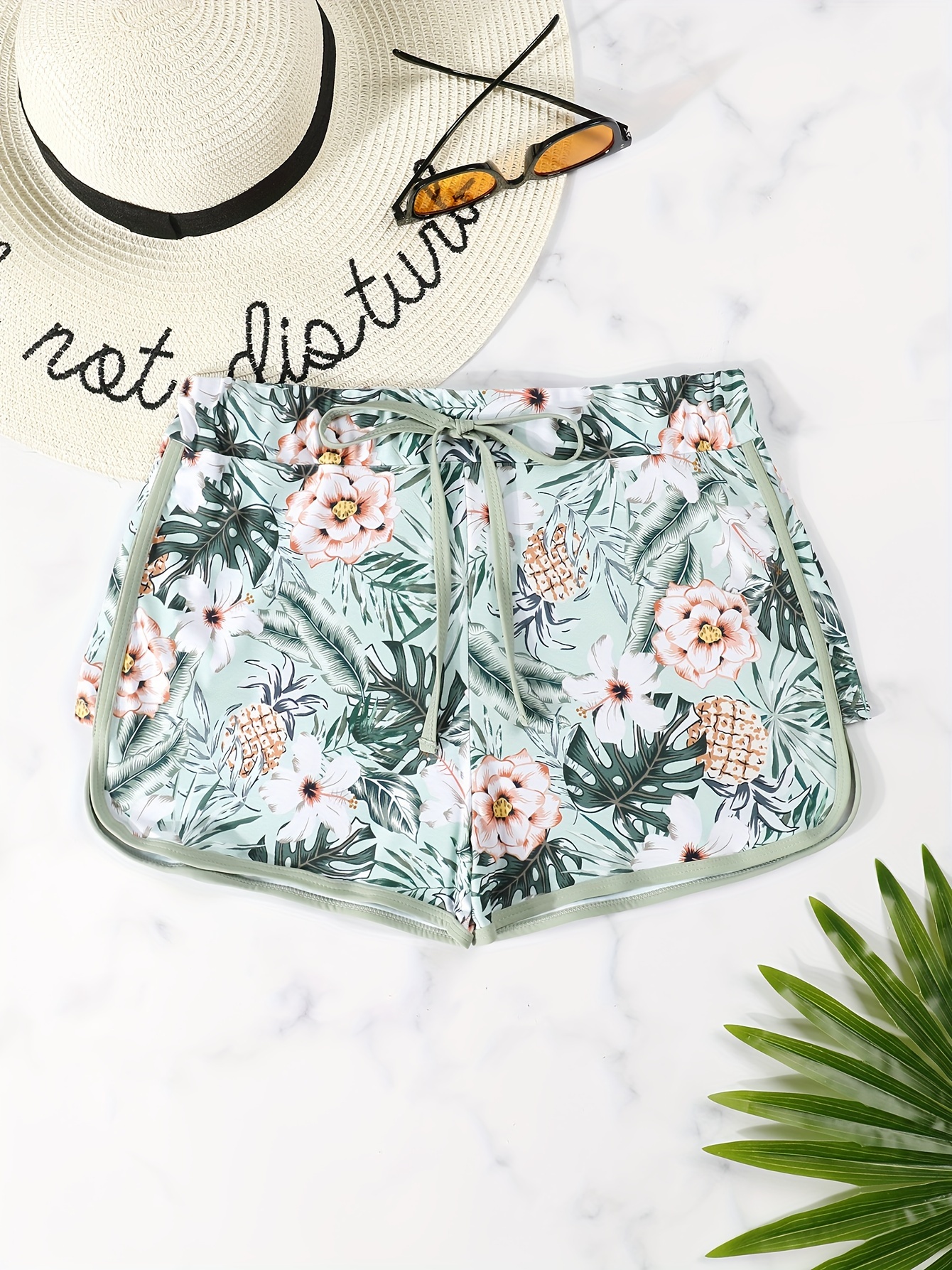 Tropical Print Drawstring Beach Swim Shorts High Stretch - Temu