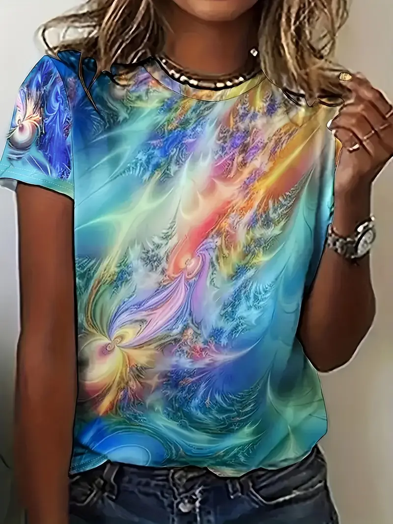 Abstract Print T Shirt Plus Size Casual Crew Neck Short Temu Australia