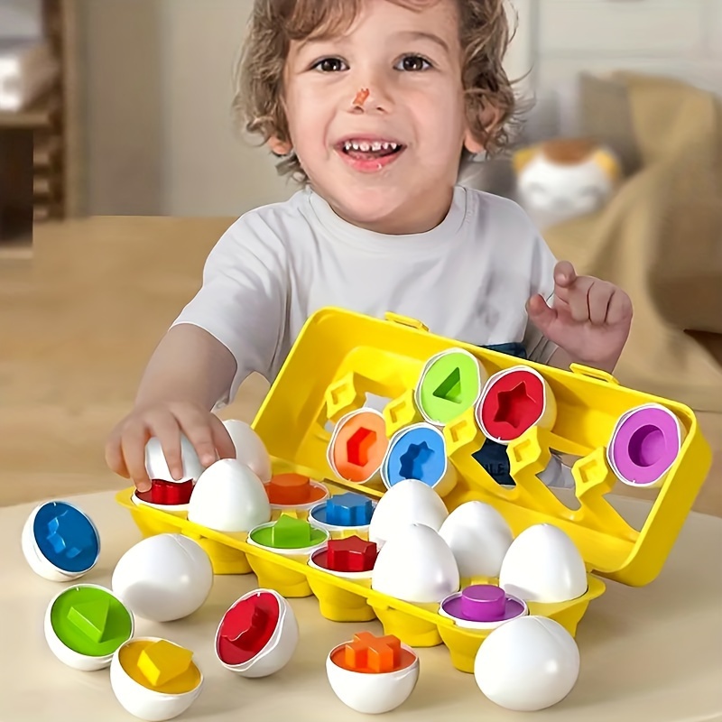 12pcs Matching Egg Color Shape Recognition Sorter Puzzle Toys Early Learning Educational Fine Motor Skills Geometric Eggs For Toddlers Boys Girls