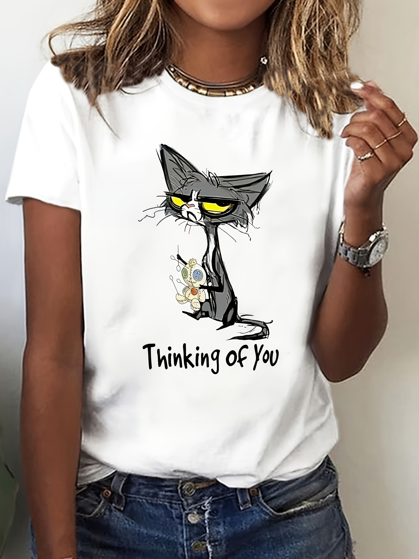 Cartoon Cat Print T shirt Plus Size Casual Crew Neck Short - Temu Australia