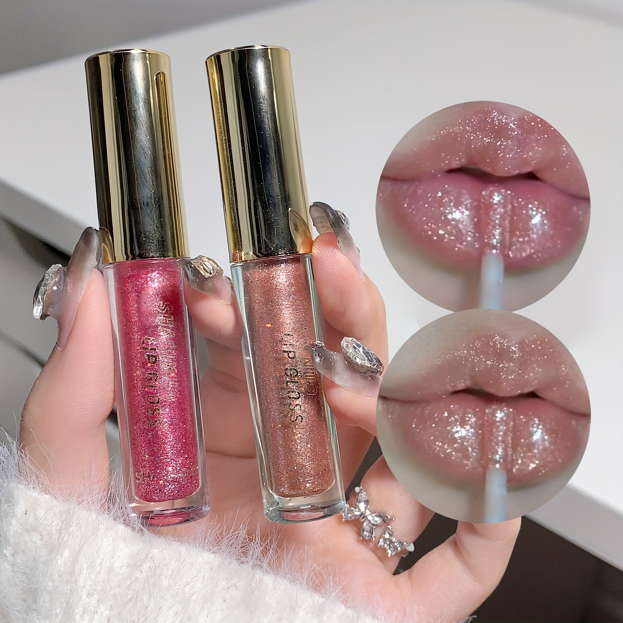 2pcs 글리터 립 글로스 쉬머링 스파클리 립 컬러 하이드레이팅 모이스춰라이징 쉬어 젤 안티 크래킹 레이어링 가능한 립글레이즈 메이크업 Temu에서 배송되는 상품