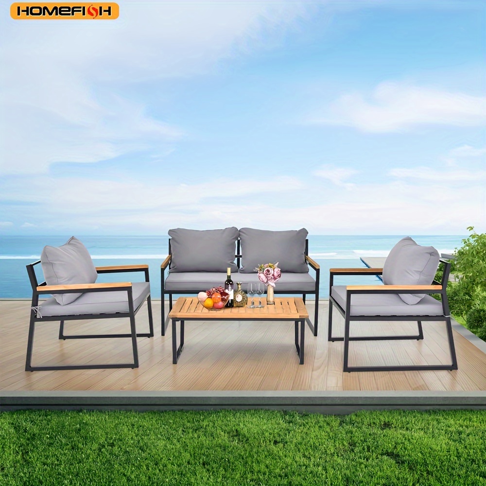 Outdoor Patio Lounge Conversation Set Metal Frame Acacia - Temu