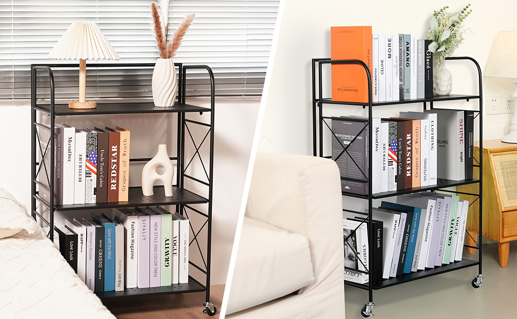 3 tier Folding Metal Bookshelf Wheels Powder Coated - Temu