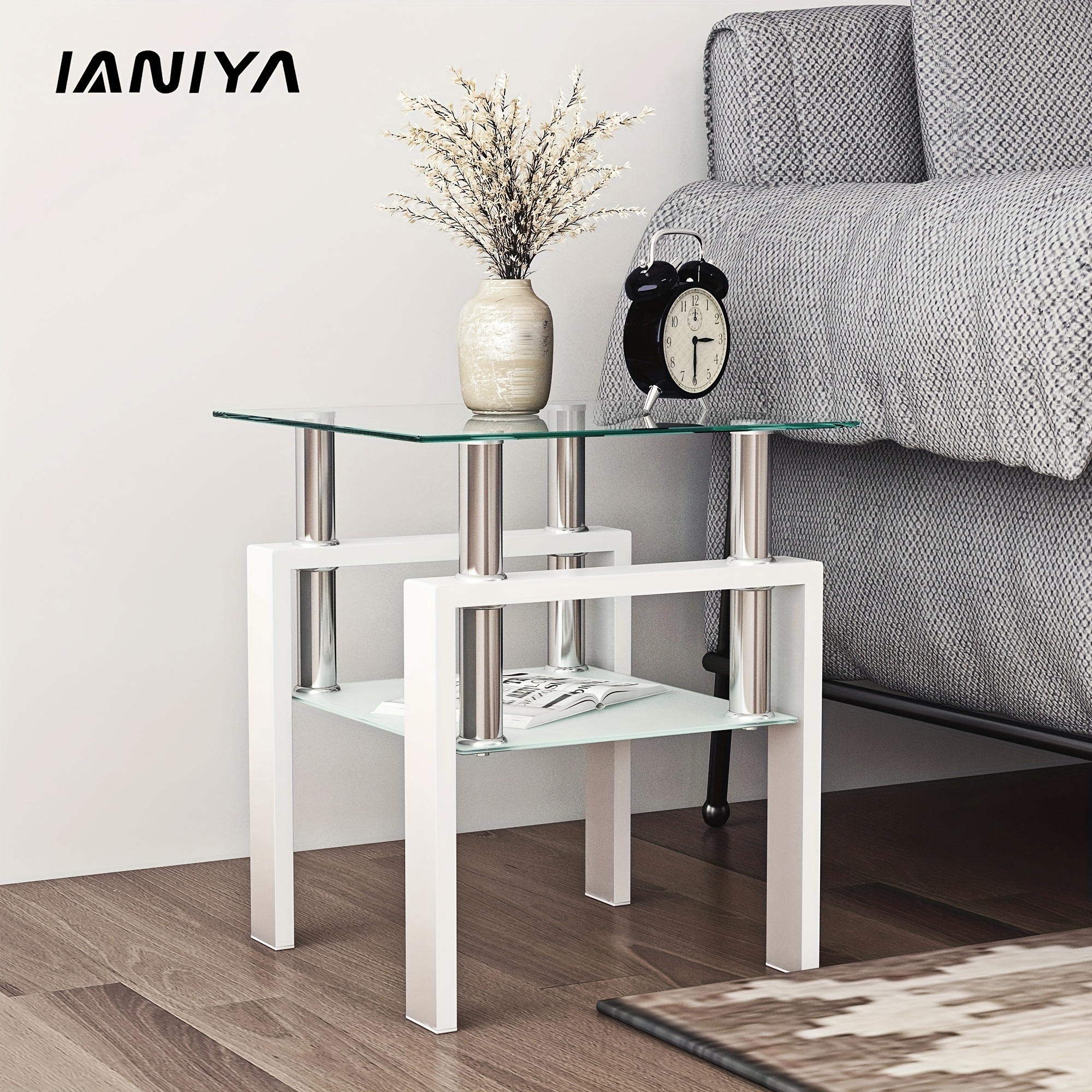 1pc Modern Tempered Glass Coffee Table Sleek Square End Table with Metal Frame for Living Room Space Saving Design Transparent White Coffe