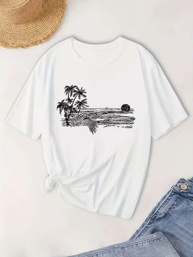 Coconut Tree Print T Shirt Plus Size Casual Short Sleeve Temu New Zealand