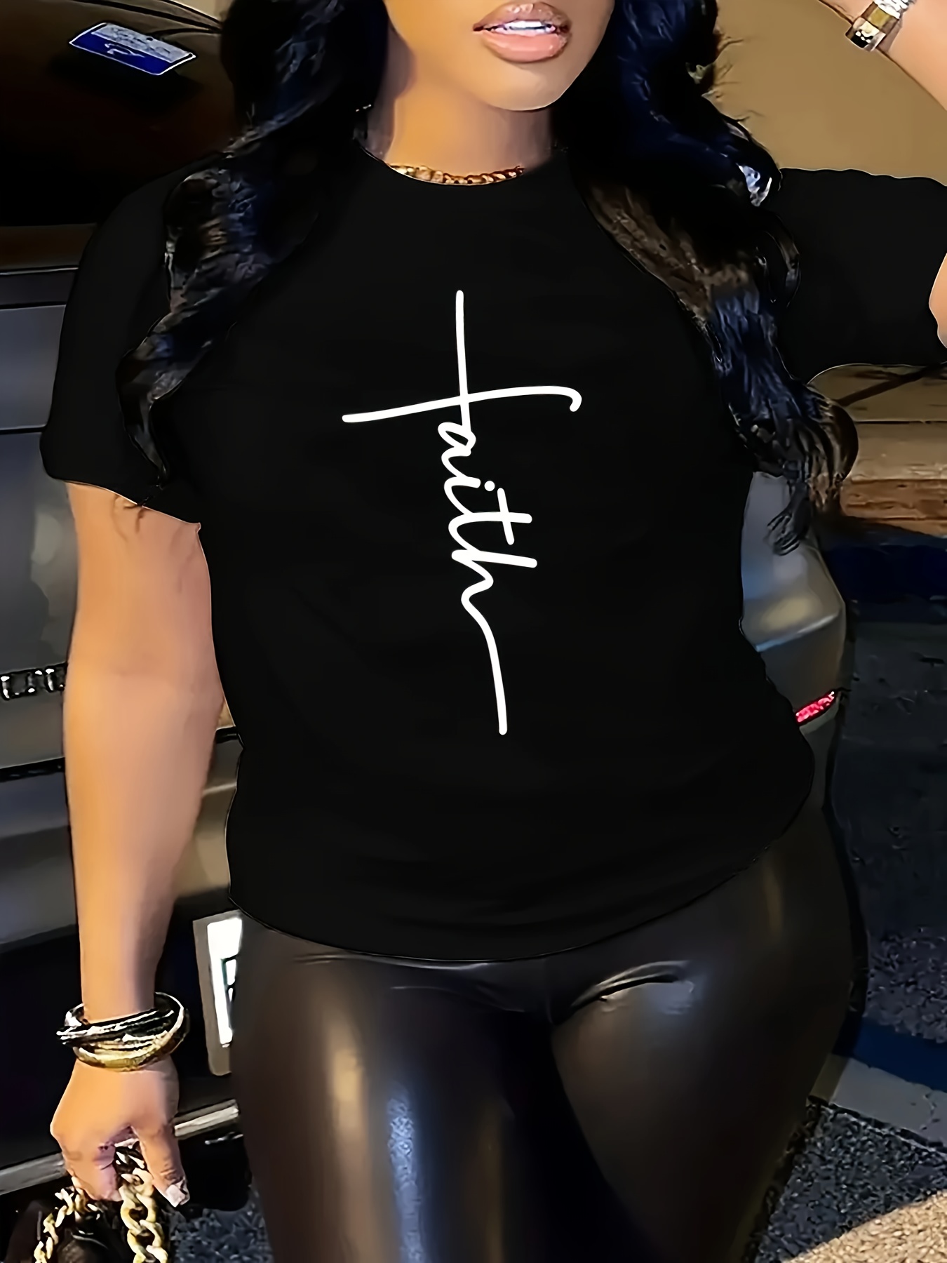 Faith Letter Print T shirt Plus Size Short Sleeve Crew Neck - Temu Canada