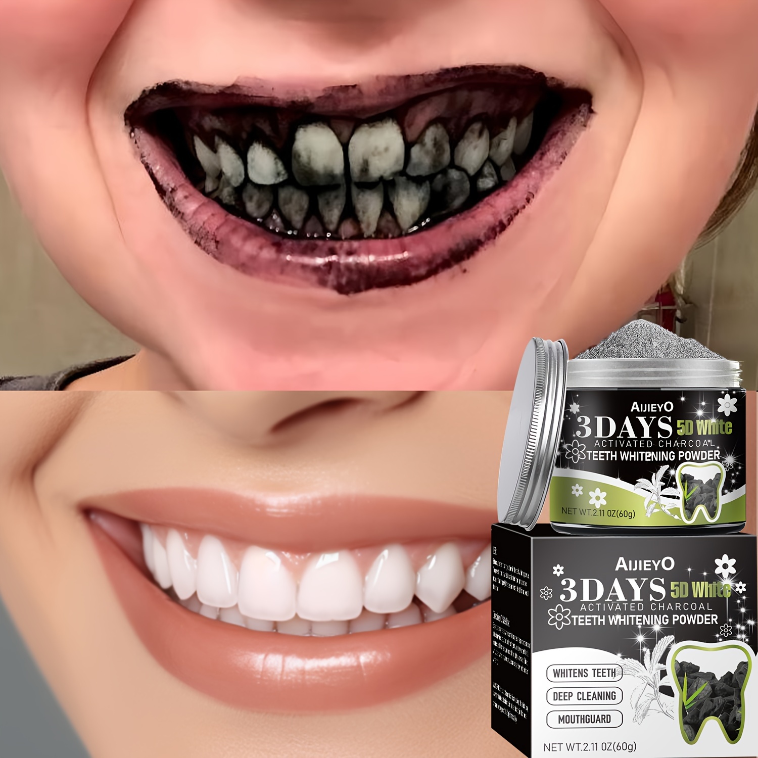 3days 60g 활성 코코넛 숯 치아 미백 파우더 얼룩진 치아를 위한 천연 치아 세척제 민트 향 불화물 및 황산염 또는