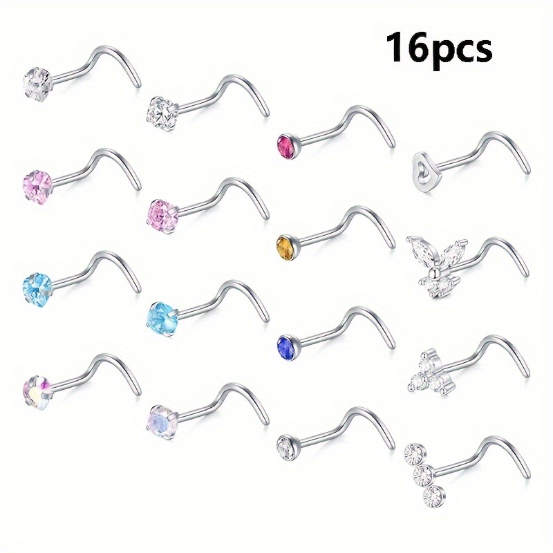 16-piece Set Nose Studs, Heart & Butterfly Design With Colored Cubic ...