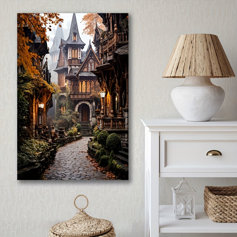 canvas in wooden frame medieval building street fallen - Temu