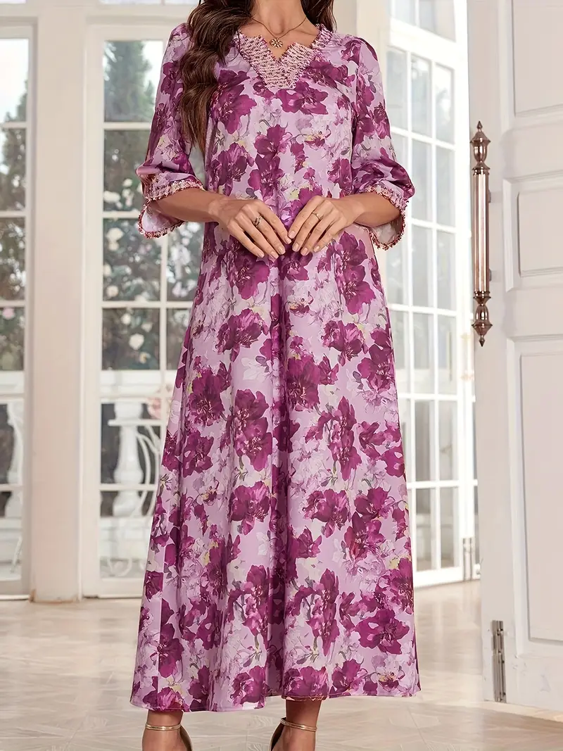 Floral Print Maxi Dress Elegant 3 4 Sleeve Dress Spring Temu