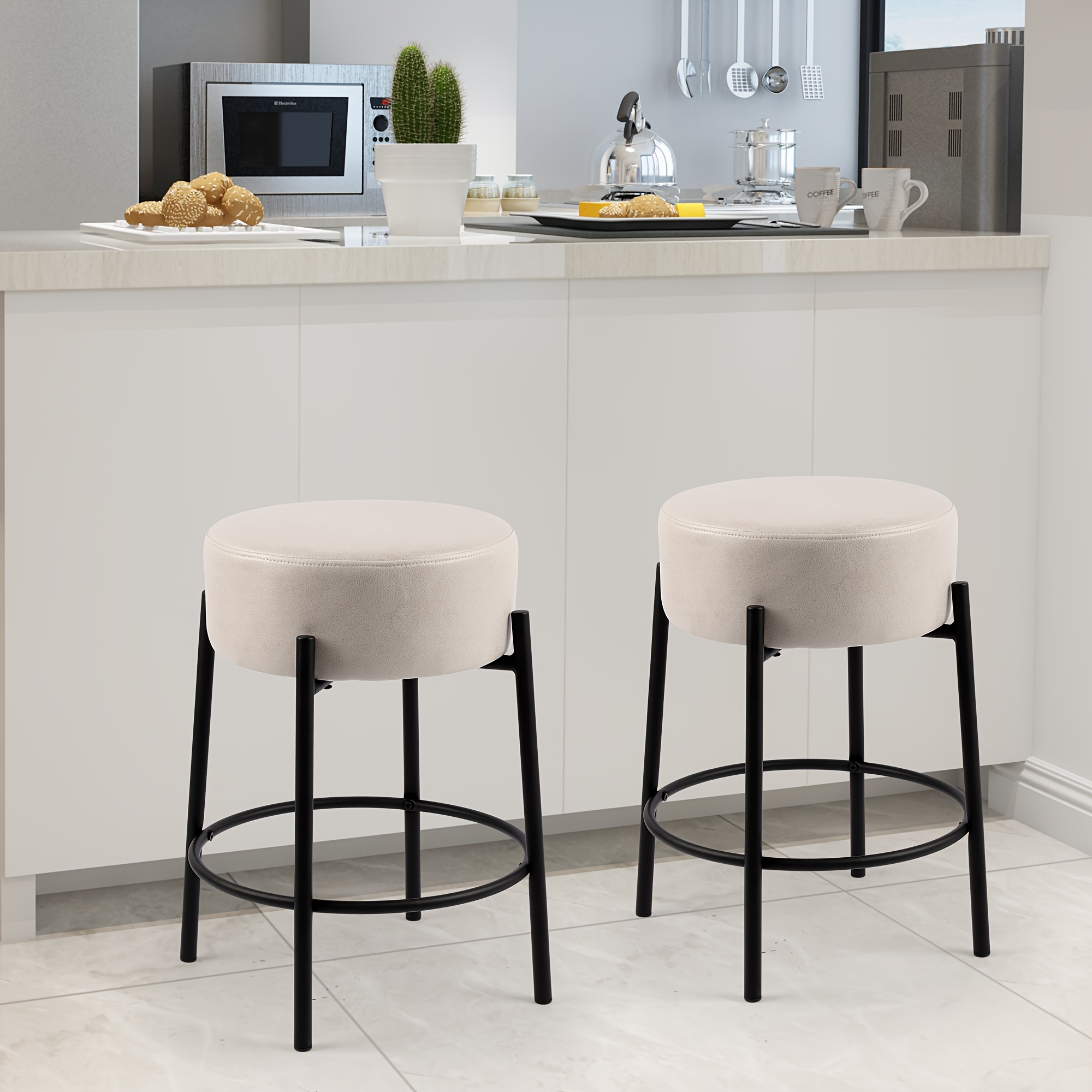 Modern 24 Inches Bar Stools Set Of 2, Round Upholstered Counter Bar ...