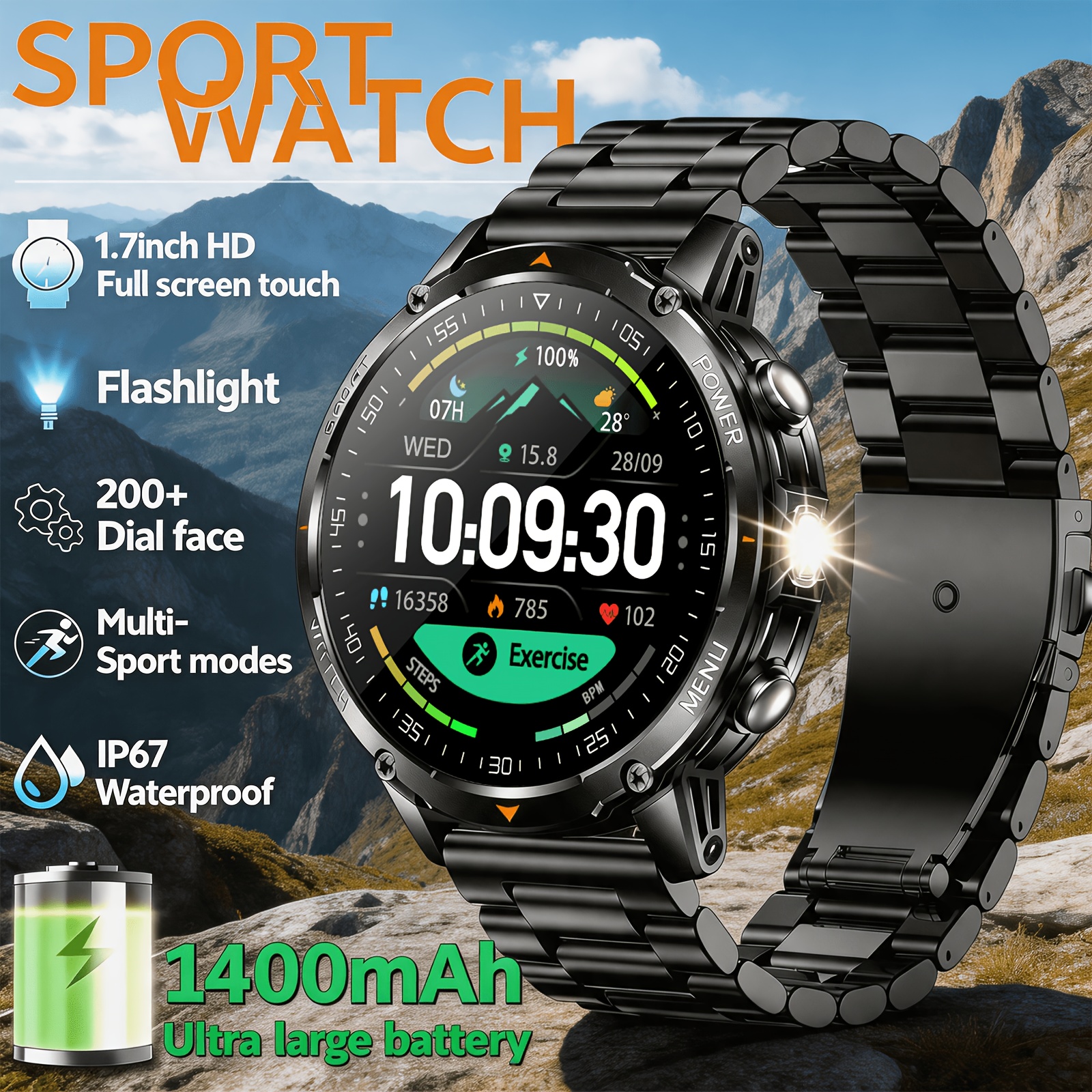 smartwatch with led flashlight sold on Temu United States