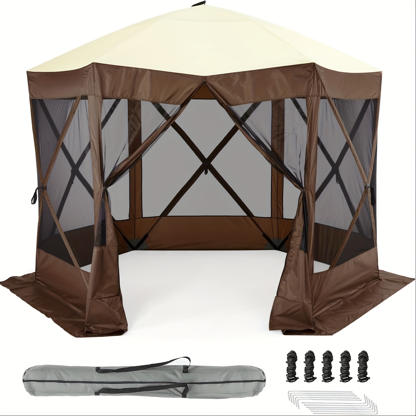 Camping Gazebo Portable Pop Up Canopy Screen Tent 6 Sided With Mesh ...