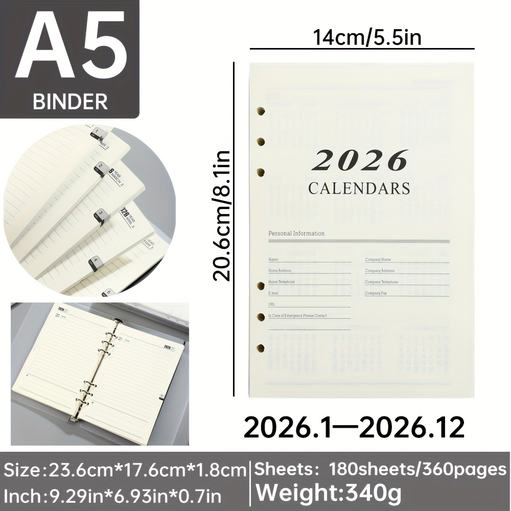TEMU 1 Pack 2026 A5 English Year Calendar Refills – 180 Sheets (360 ...