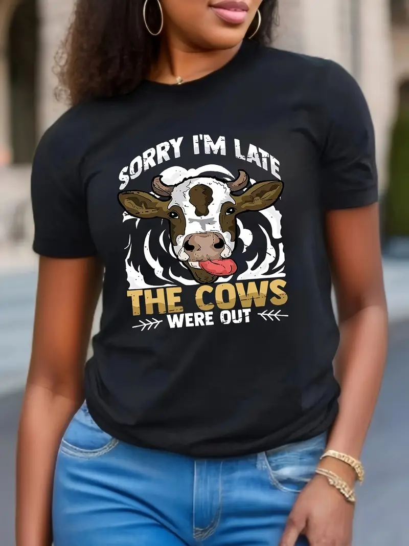 Cow Letter Print Crew Neck T Shirt Casual Short Sleeve T Temu Denmark