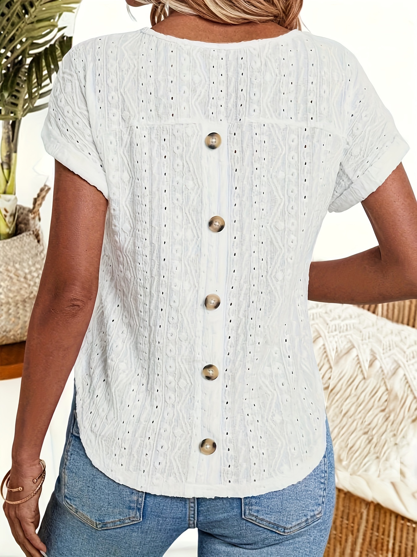 Solid Eyelet Contrast Lace Tunic Top Casual Batwing Short - Temu