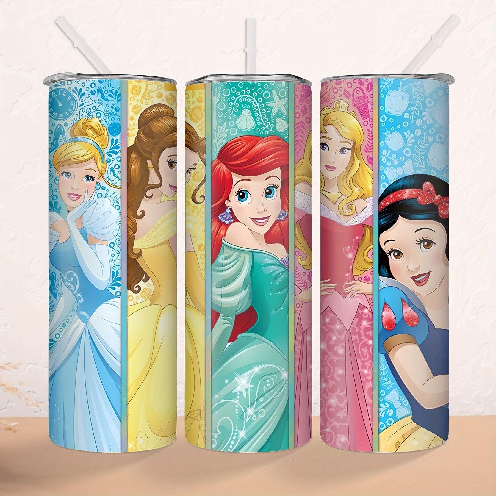 디즈니 공주 텀블러 뚜껑과 빨대가 있는 20온스 스테인레스 스틸 물병 보온 보냉이 가능한 직사각형 물컵 여름과 겨울을 위한