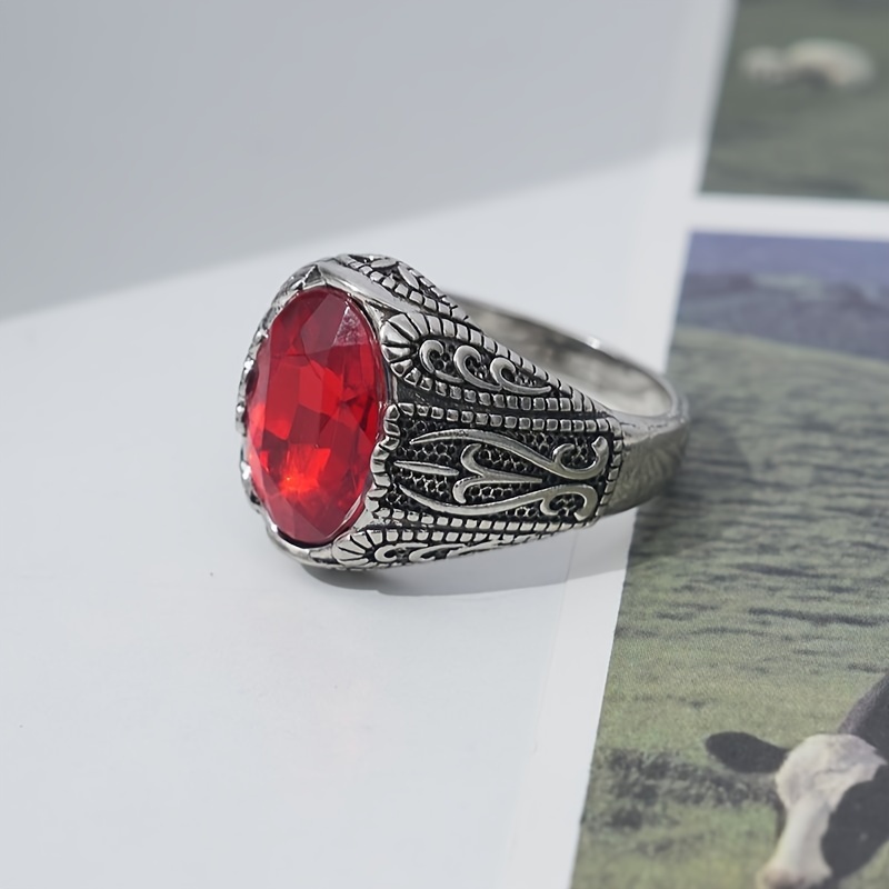 Red Oval Synthetic Zircon Copper Simple Ring Men - Temu United Kingdom
