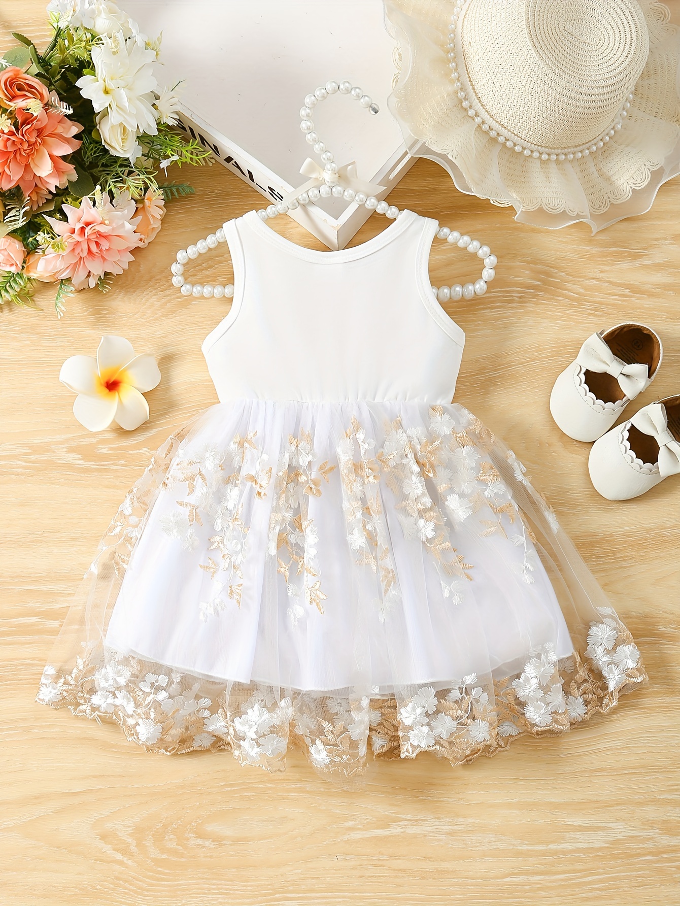 Baby Girls Round Neck Bow Sleeveless Dress Floral Embroidery - Temu