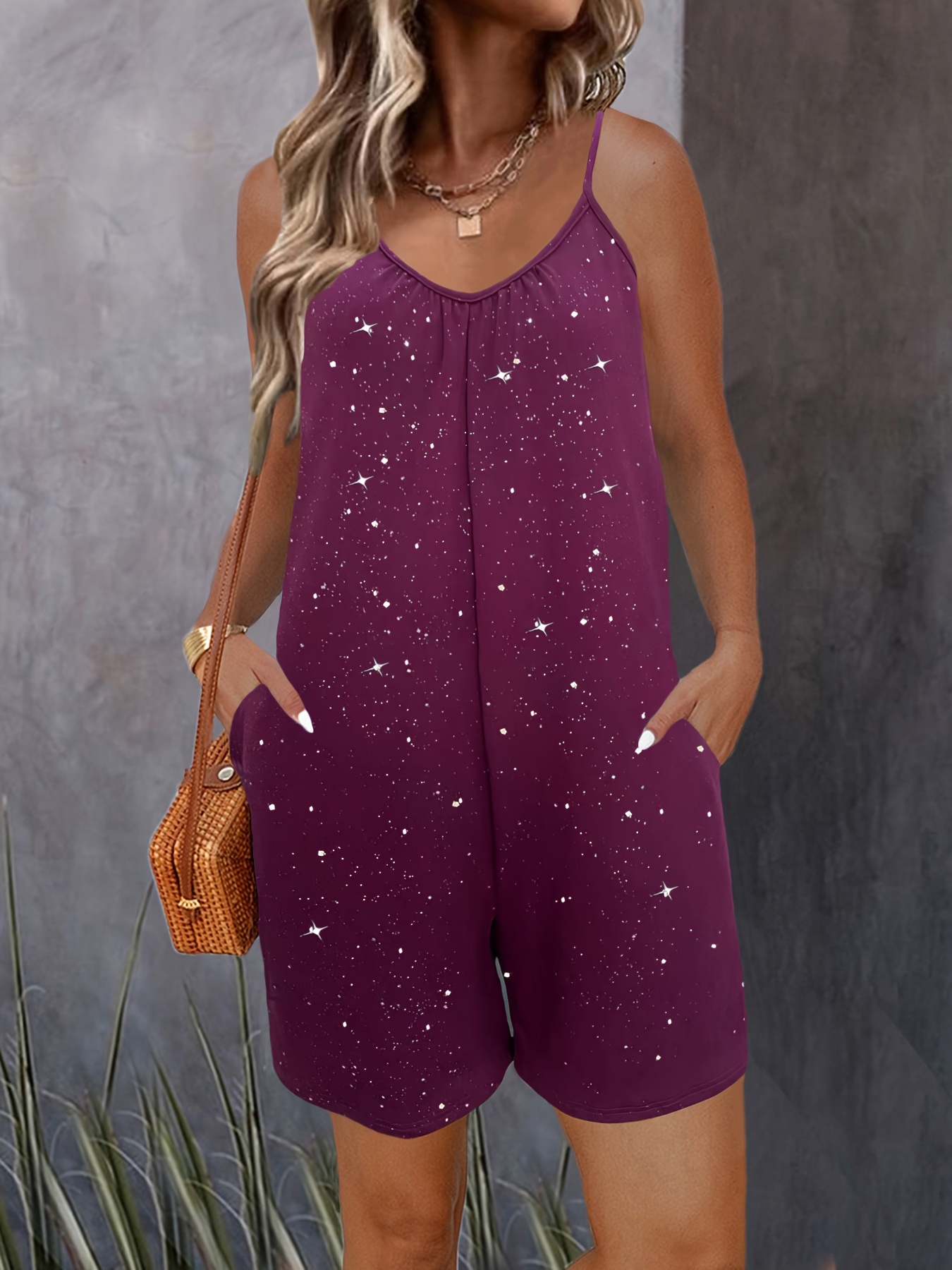 Sequin Decor Romper Plus Size Casual Sleeveless Pockets - Temu New Zealand