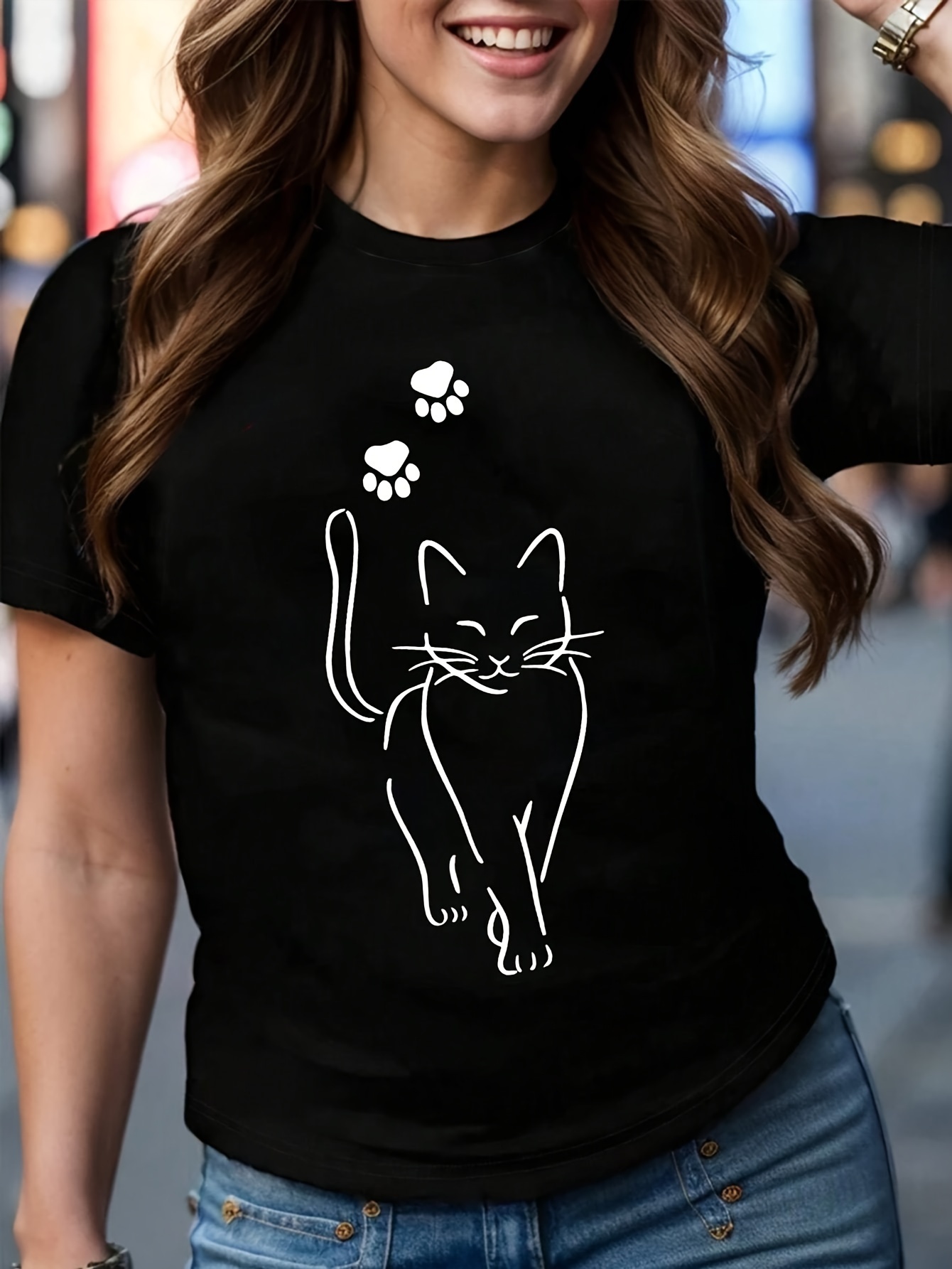 Plus Size Cat Print T shirt Casual Crew Neck Short Sleeve T - Temu Portugal