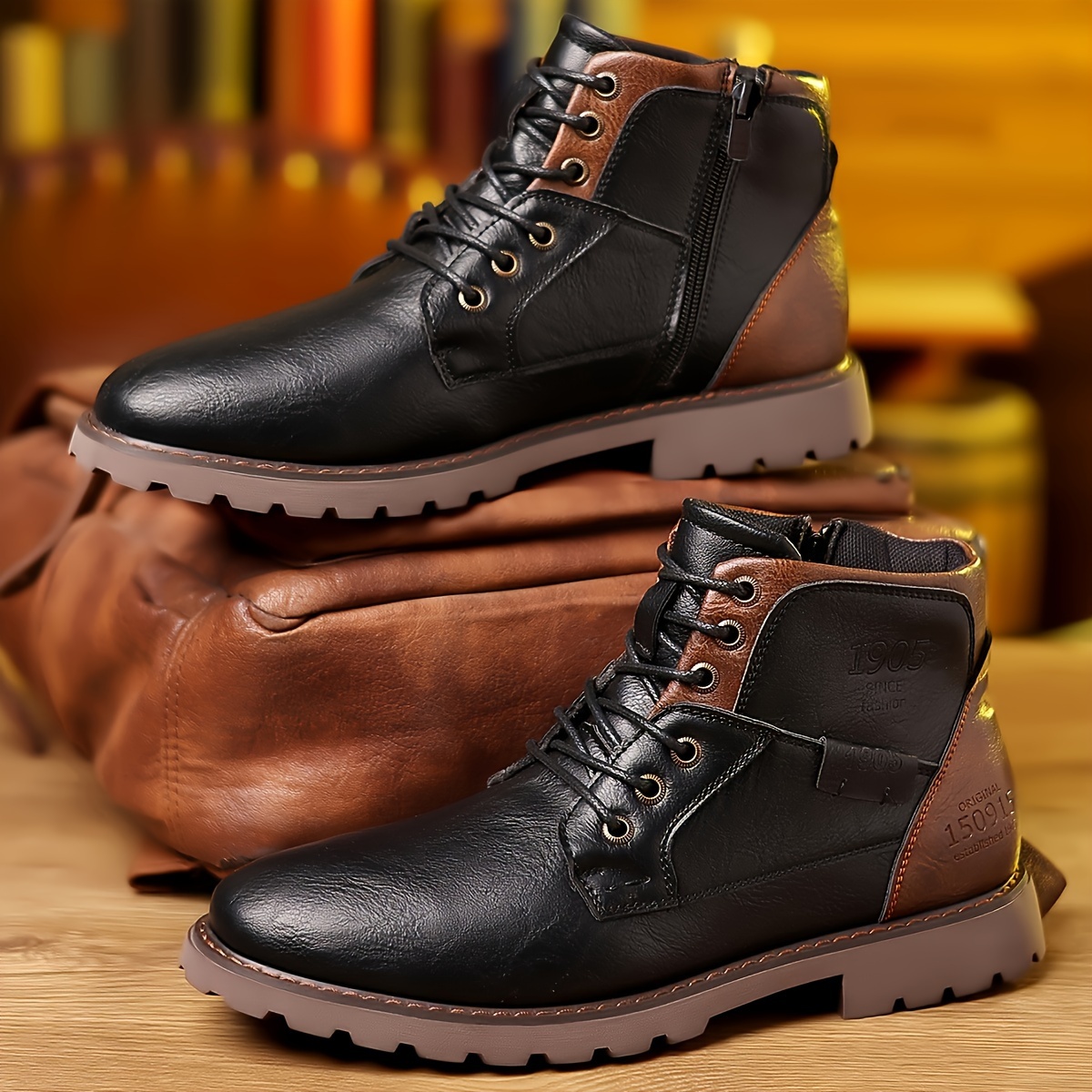 Men’s Vintage Cool Lace Up Boots With Side Zipper, Non-slip Wear ...