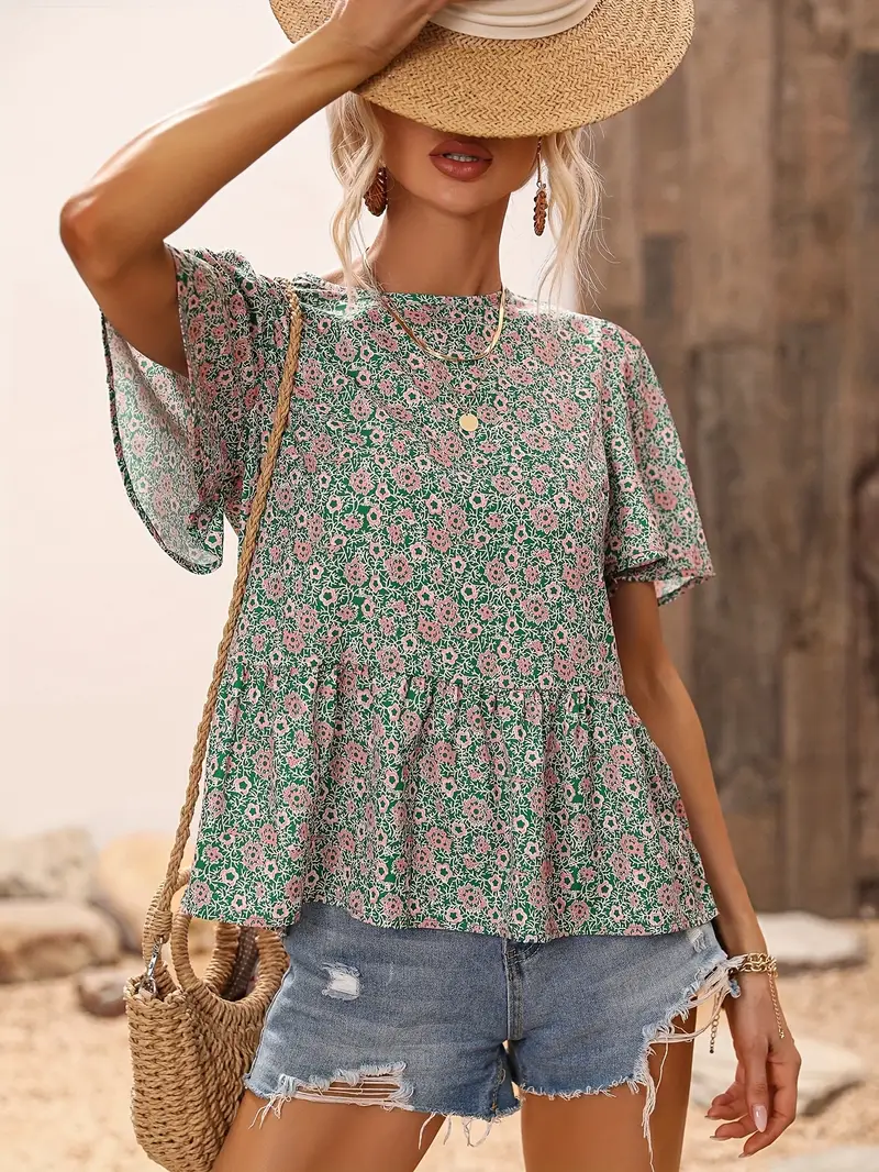 Floral Print Crew Neck Blouse Elegant Ruffle Sleeve Top Temu Canada