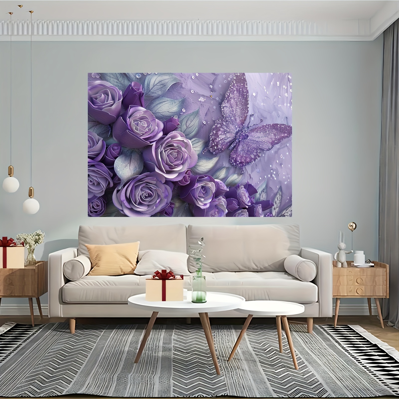 Purple Roses & Butterfly Glitter Banner - Versatile Polyester Party Decor With Metallic Wings ...