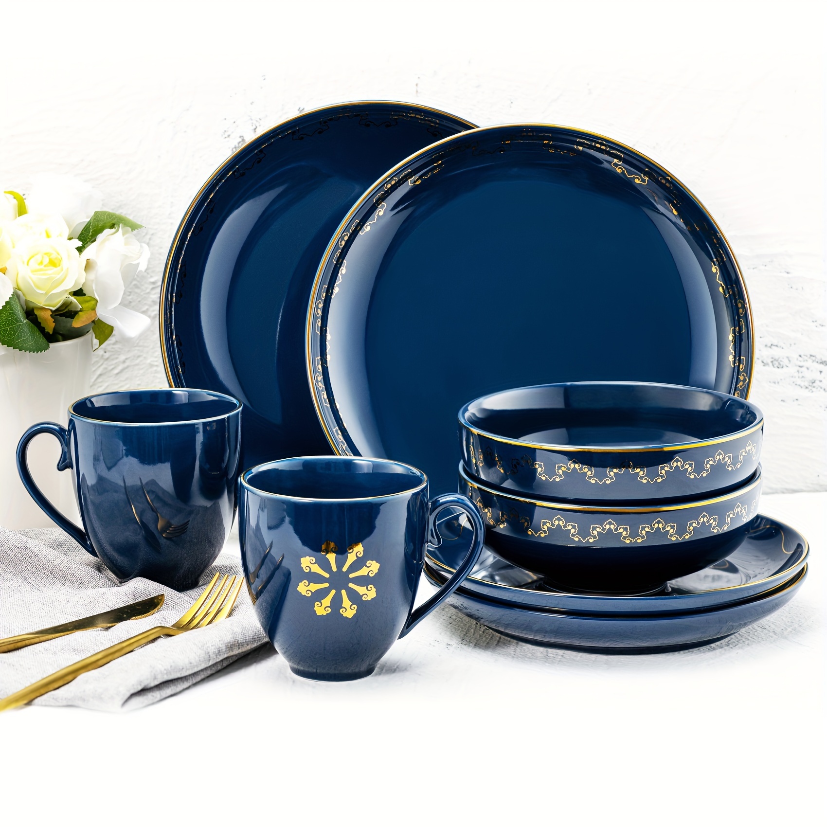 Blue Gold Dinnerware Set Porcelain Dinnerware Set - Temu